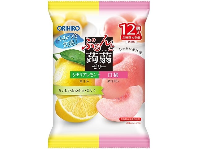 オリヒロ 蒟蒻ゼリーシチリアレモン+白桃12個 | 商品紹介 | お菓子・駄菓子の仕入れや激安ネット通販なら菓子卸問屋タジマヤ